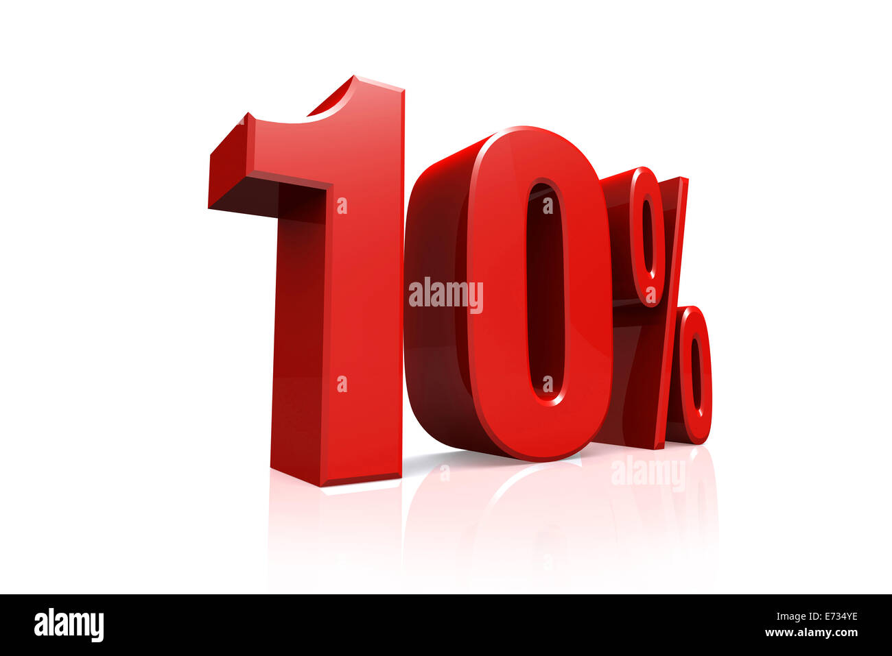 3D render text in 10 percent in red on white background with reflection ...