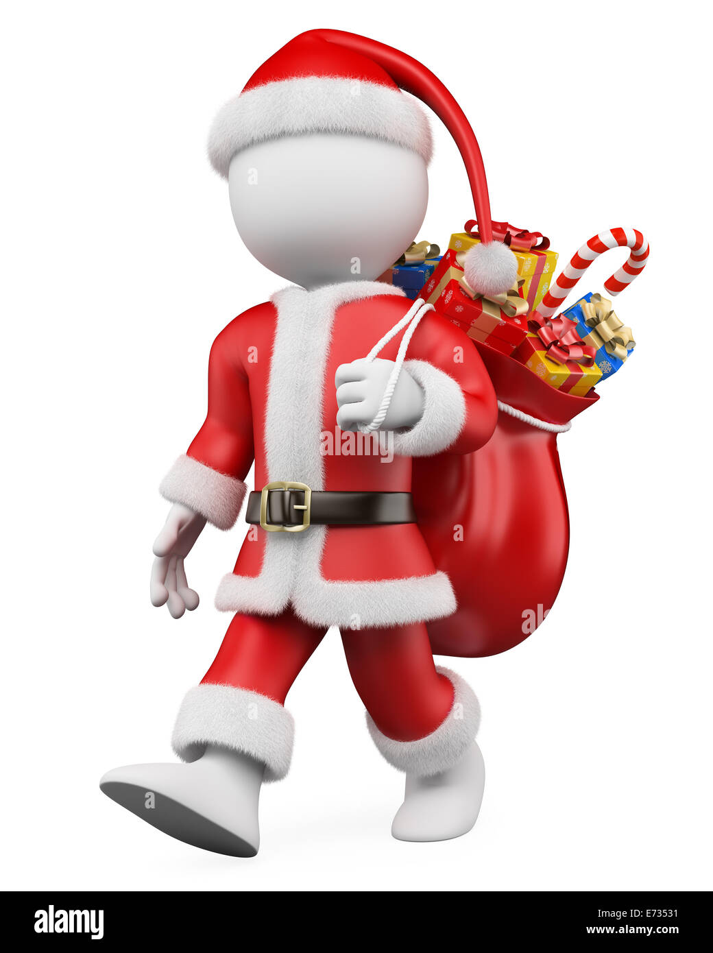 3d white christmas person. Santa Claus walking with a sack full of ...