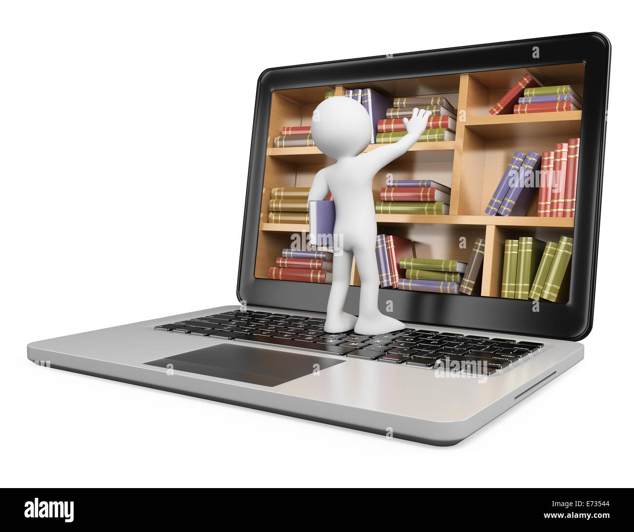 3d white people. New technologies. Digital Library concept. Laptop ...