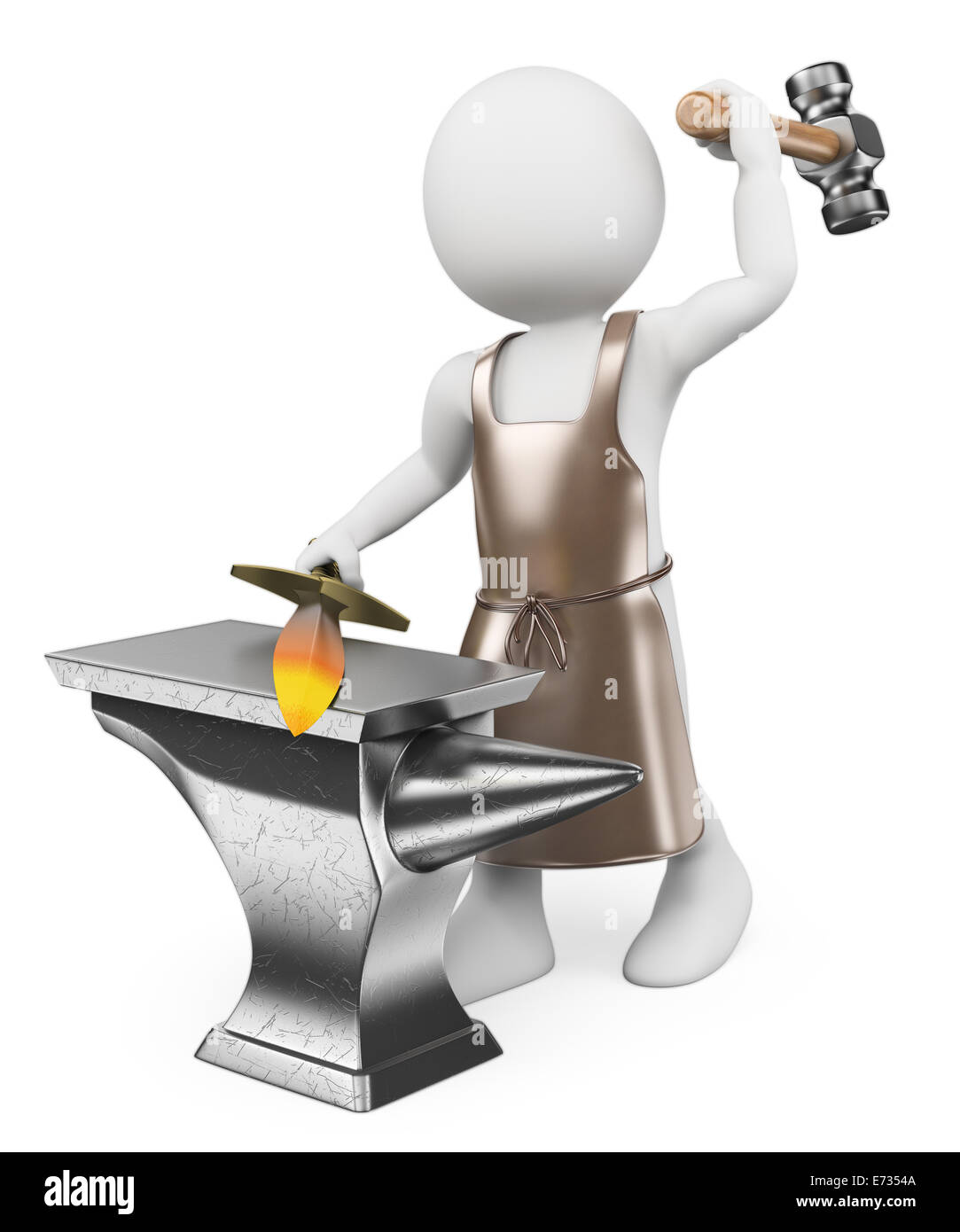 3d white people. Blacksmith forging a sword in an anvil. Isolated white ...