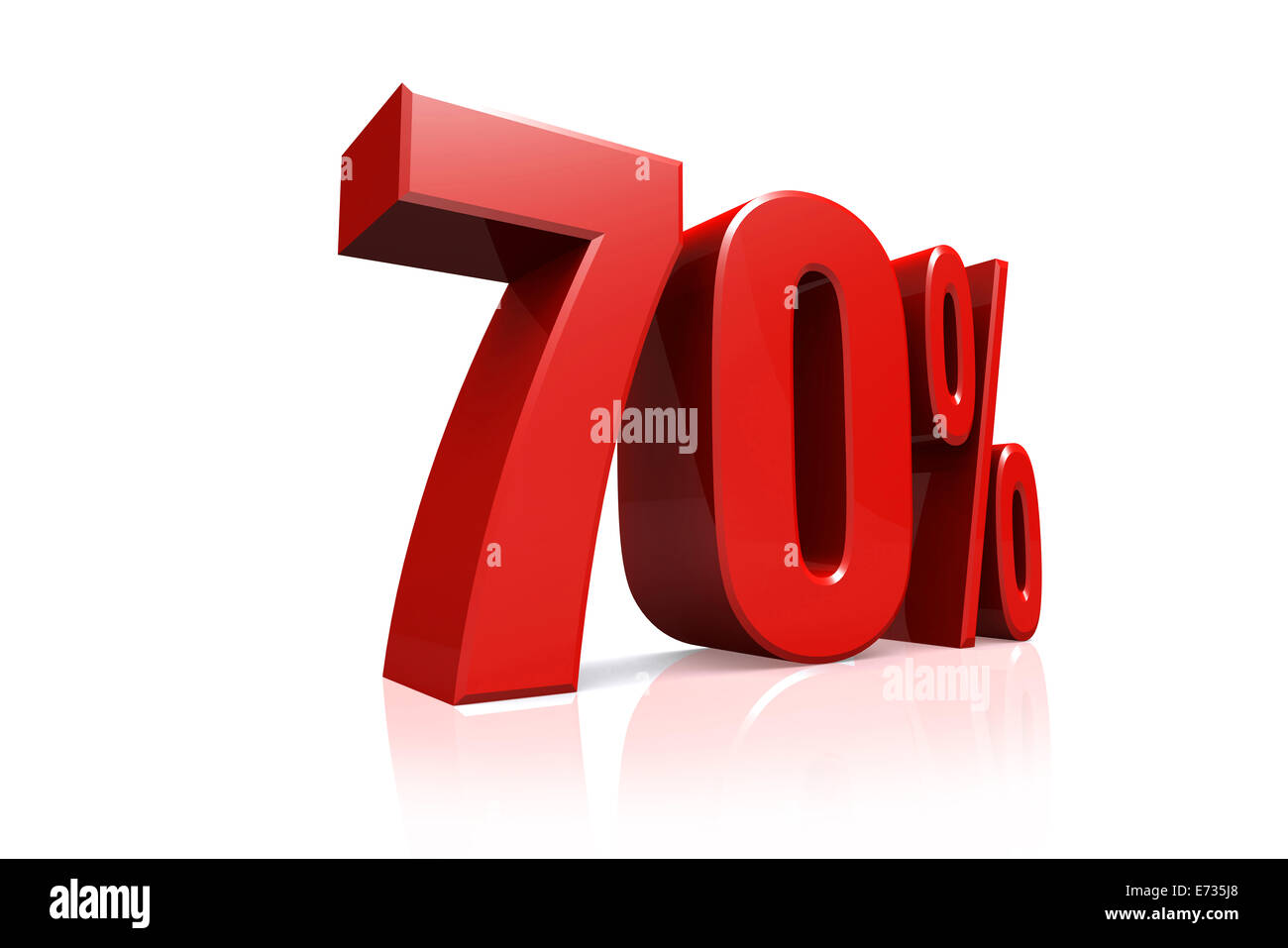 3D render text in 70 percent in red on white background with reflection ...