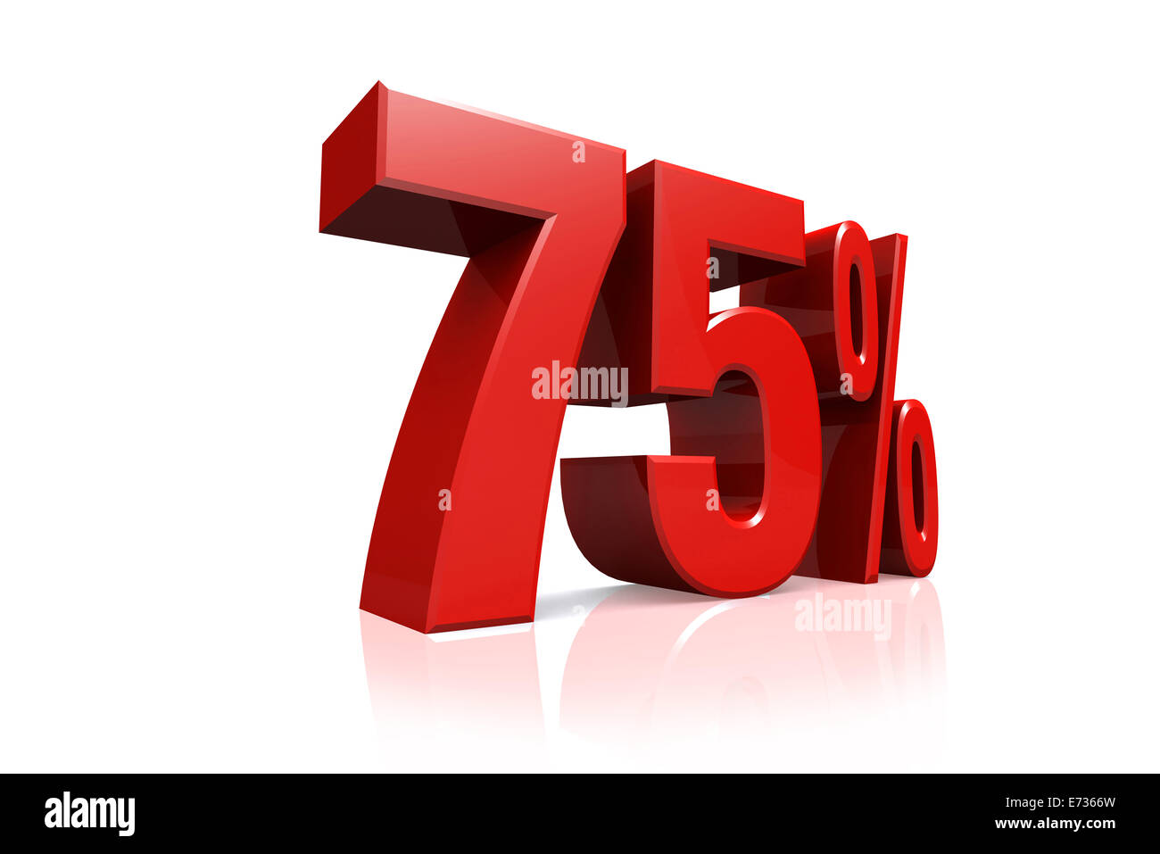 3D render text in 75 percent in red on white background with reflection ...