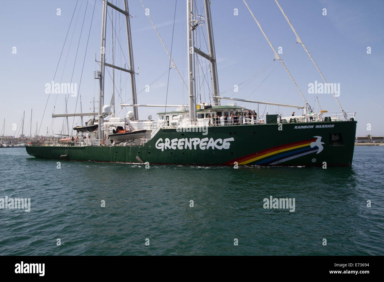 VALENCIA, SPAIN - JUNE 10, 2014: Greenpeace's vessel the "Rainbow Warrior" departing the Port of ...