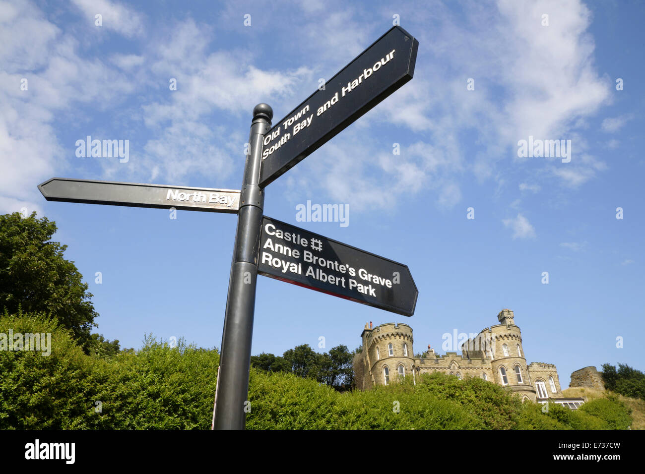 Tourist signpost near the Castle, Scarborough, UK with the Castle Lodge ...