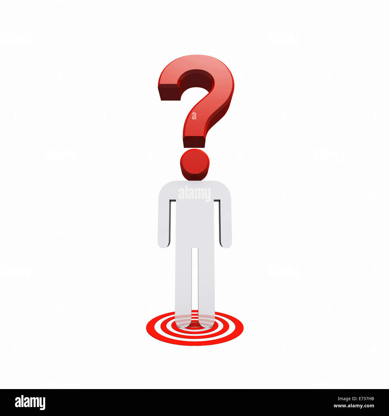 Conceptual question mark human standing on target spot on white ...
