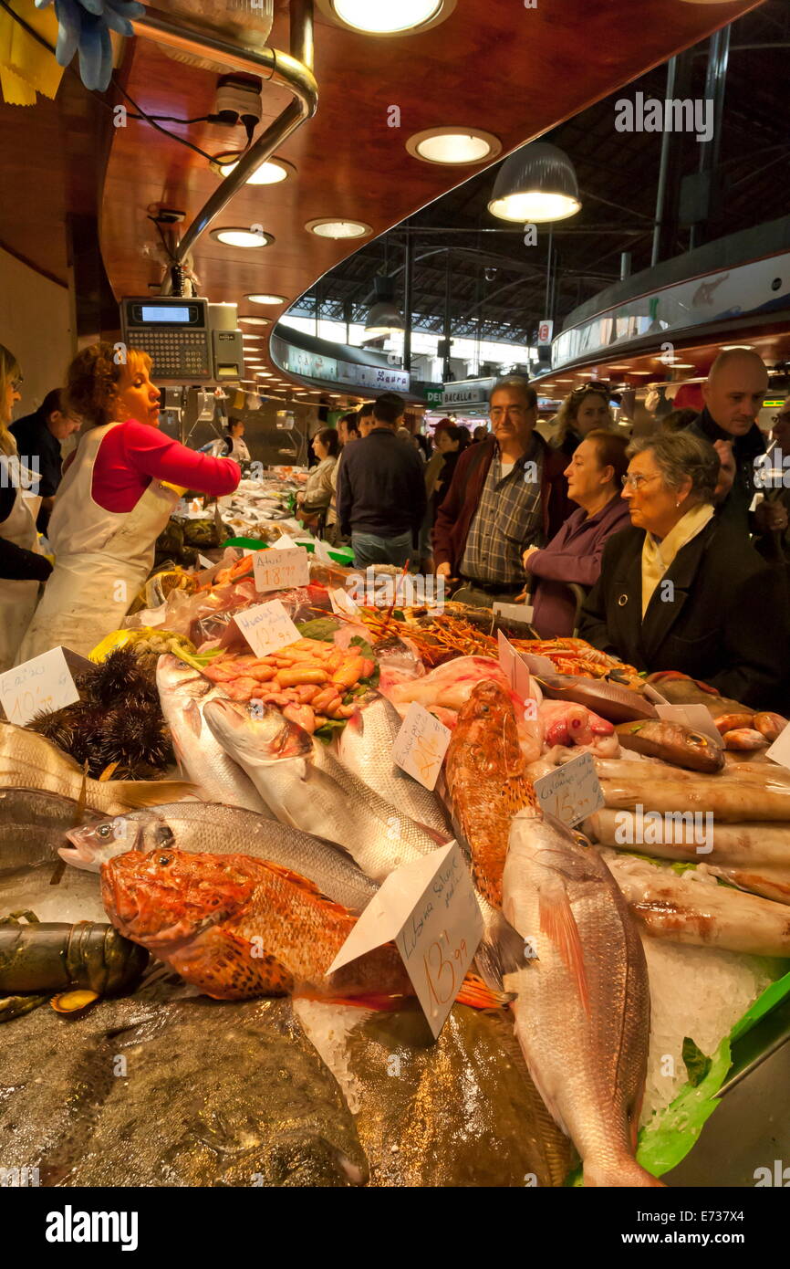 Busy fish stall at La Boqueria, probably Barcelona's best-known market ...