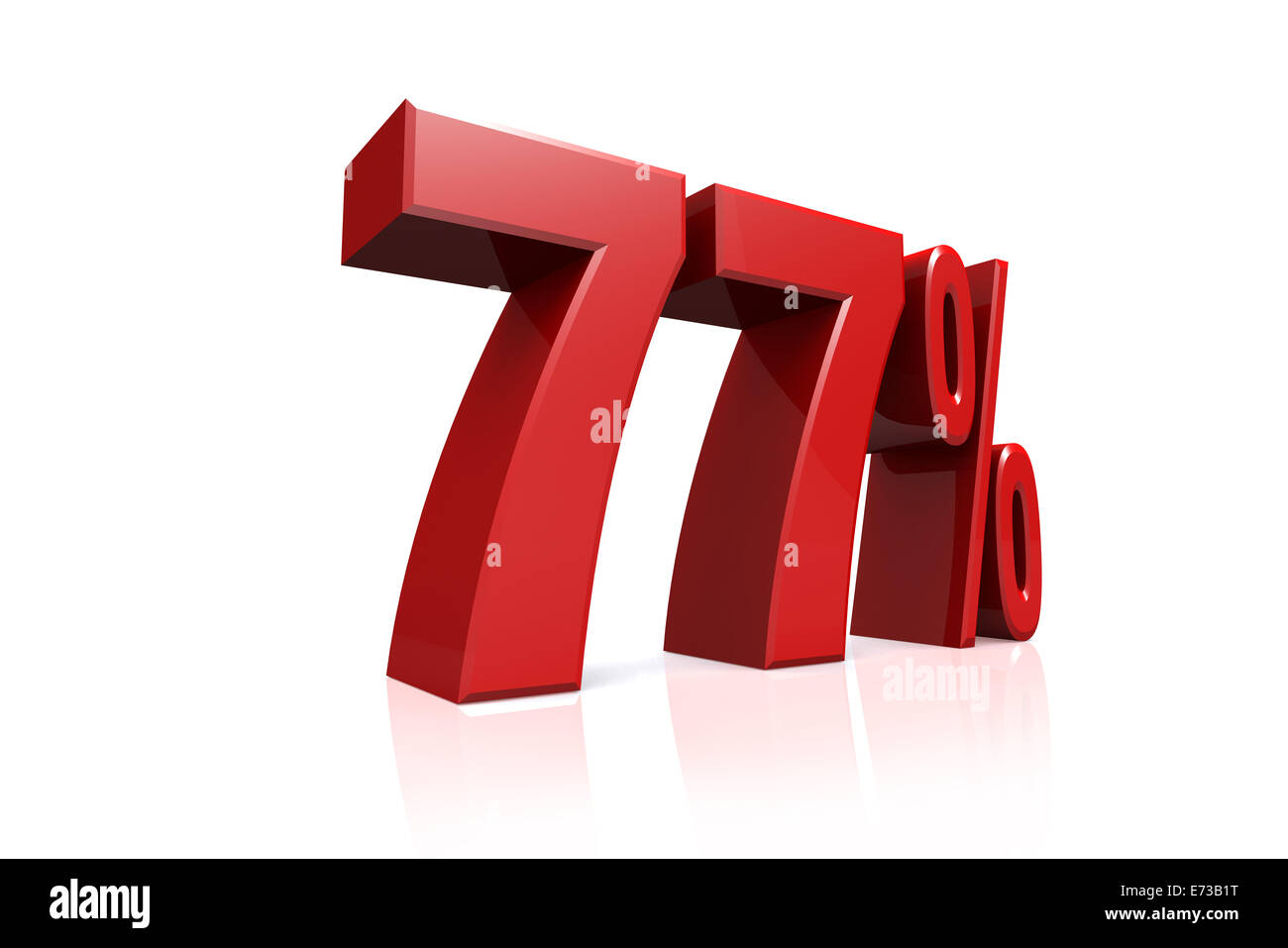 3D render text in 77 percent in red on white background with reflection ...