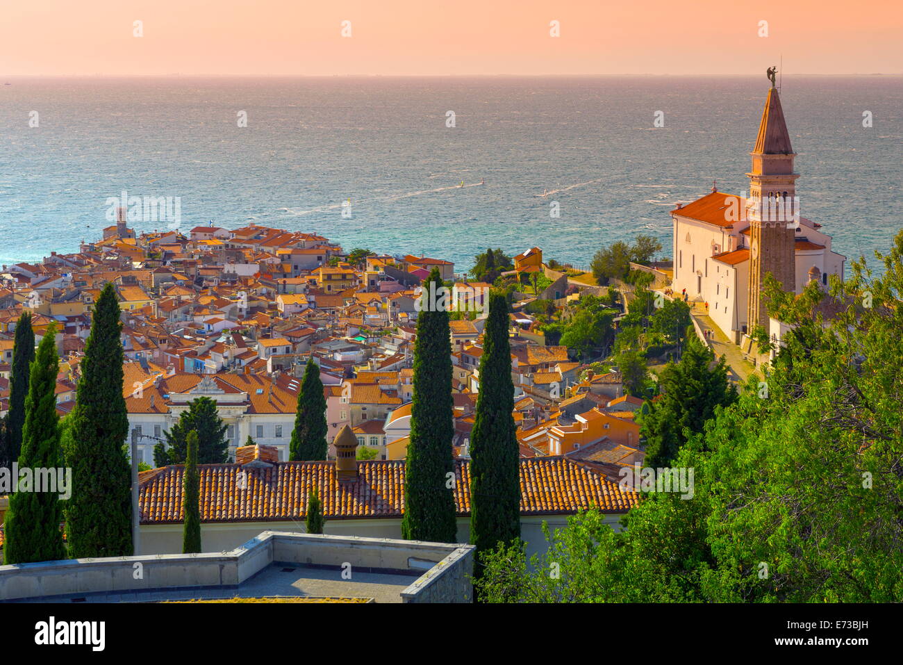 Old Town view with Church of St. George (Cerkev sv. Jurija), Piran ...