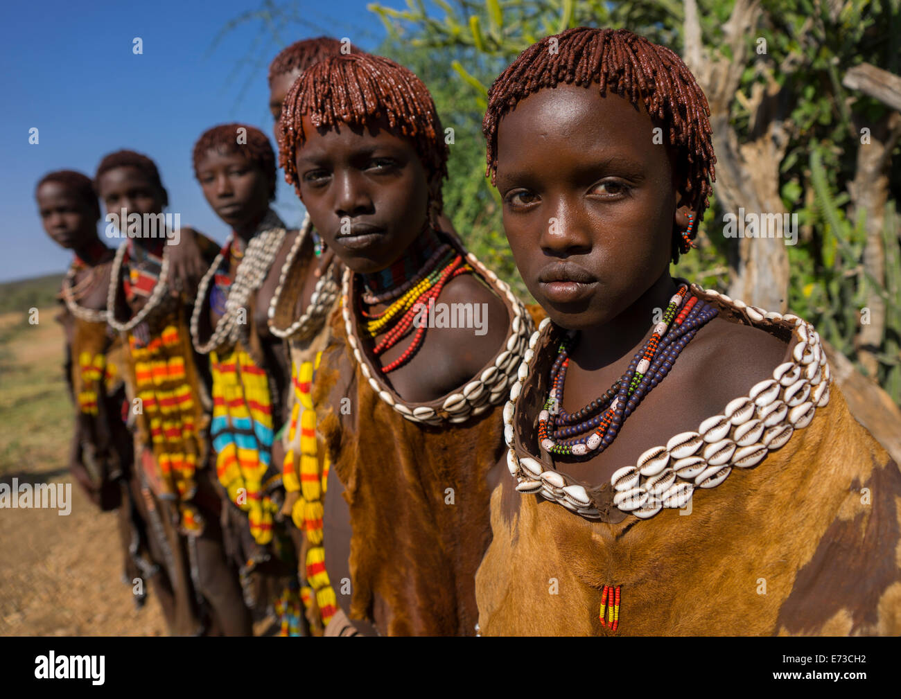 Girls Of The Hamer Tribe, In Traditional Outfit, Turmi, Ethiopia Stock ...