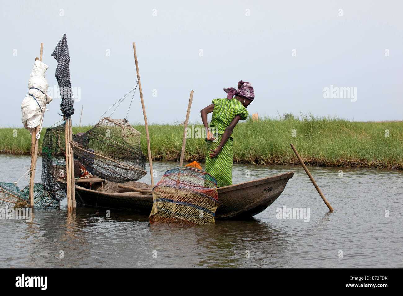 Africa, Benin, Ganvie. Woman pulling fish trap from Lake Nokoue Stock ...