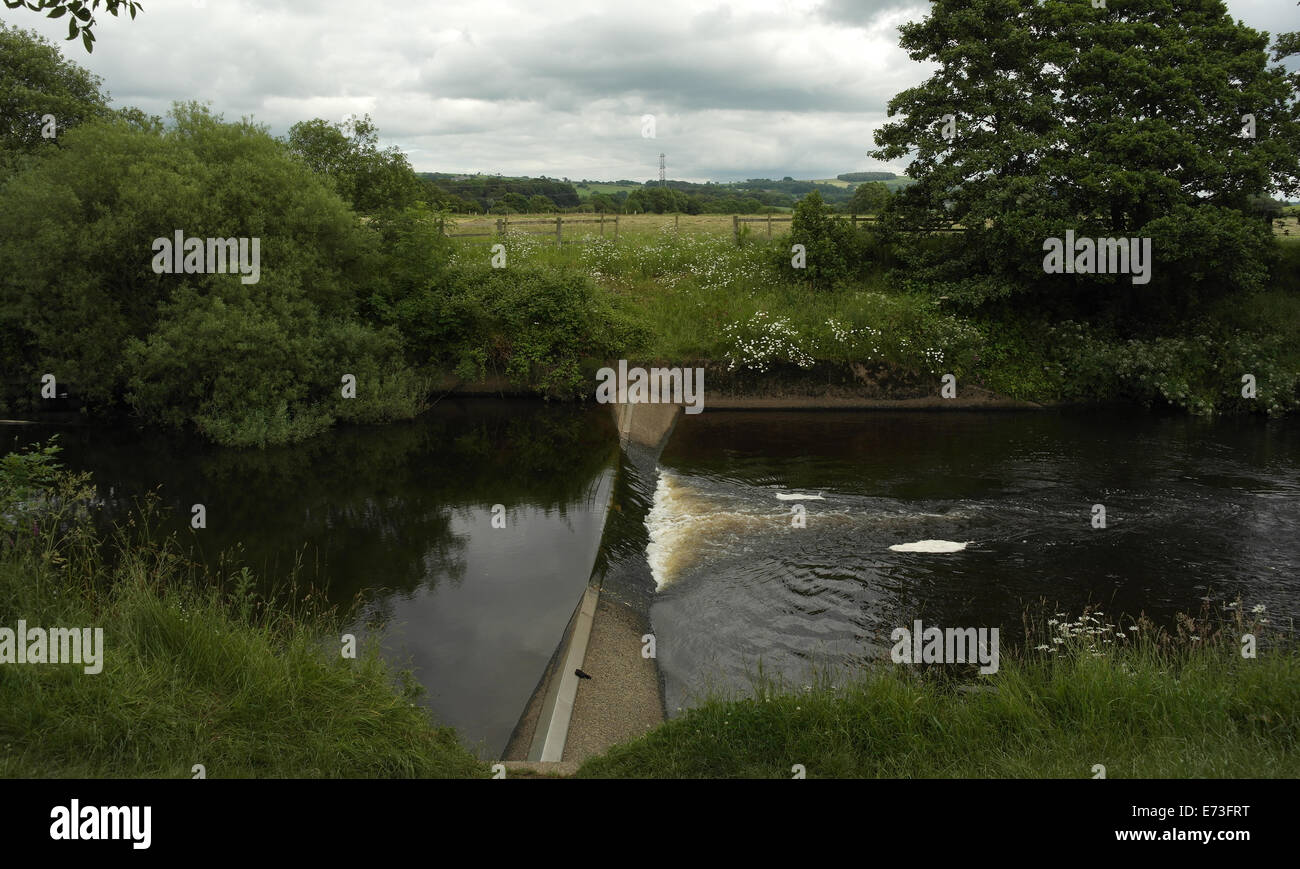 Cumulus clouds view flat V weir river flow gauging station, downstream ...