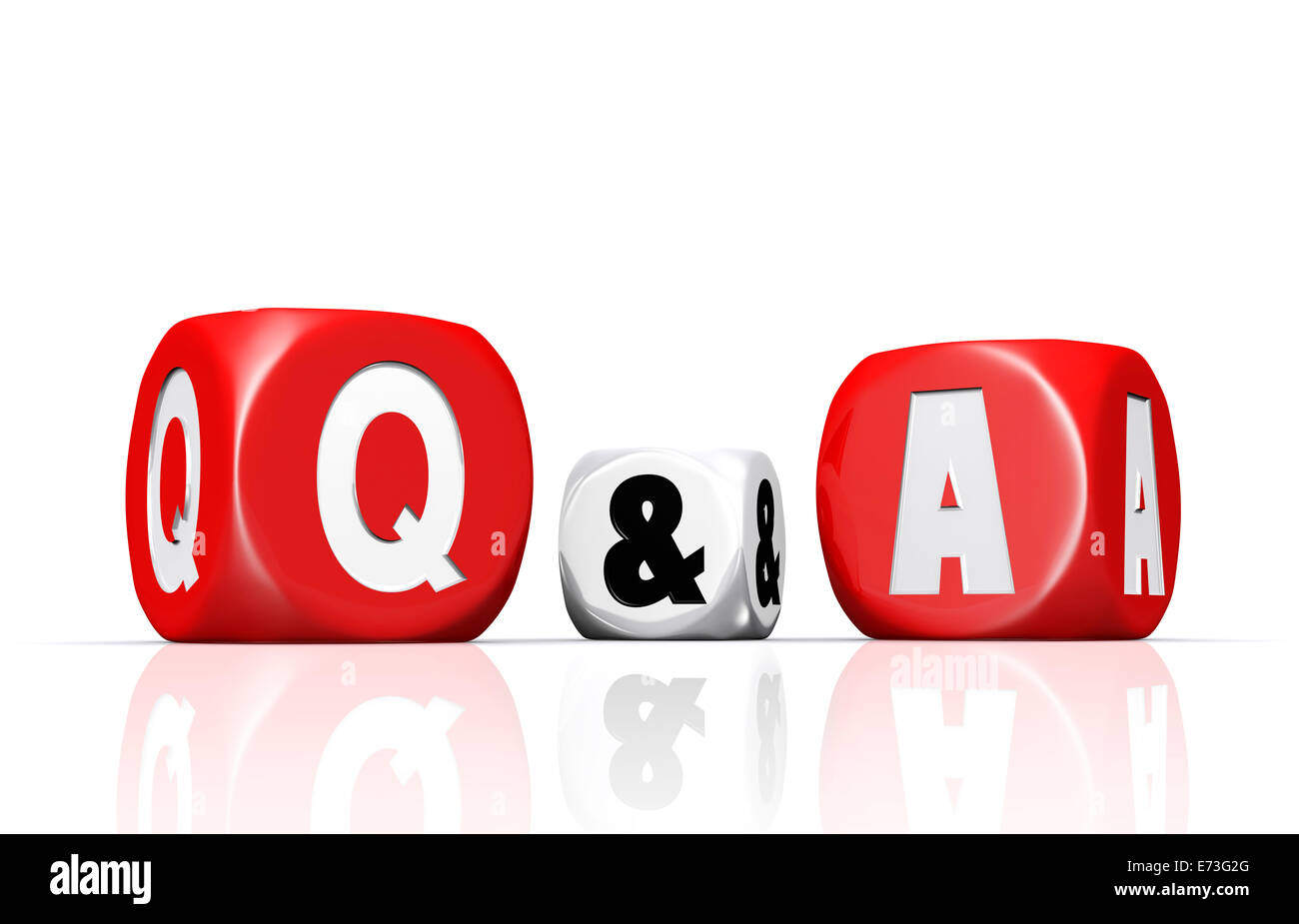 Red and white questions and answers dices with reflection on white ...