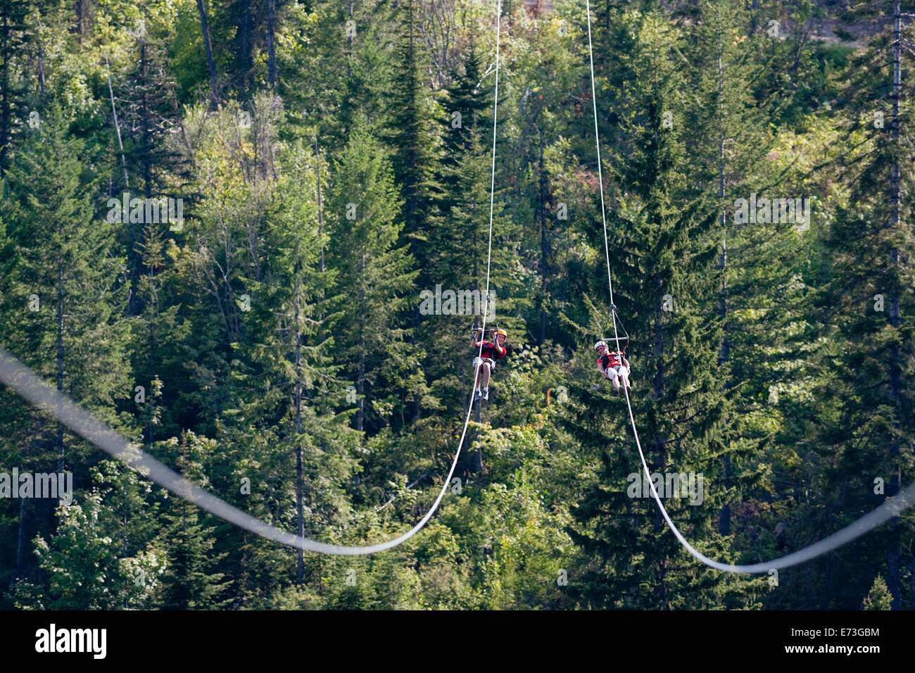 Two women on a zip line in Whitefish, Montana Stock Photo - Alamy