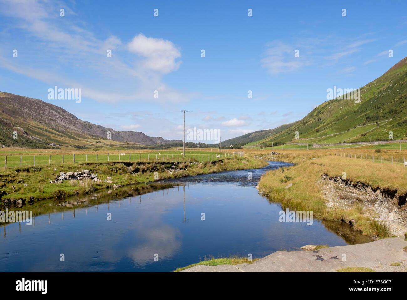 Looking north along Afon Ogwen River in Nant Ffrancon valley in ...