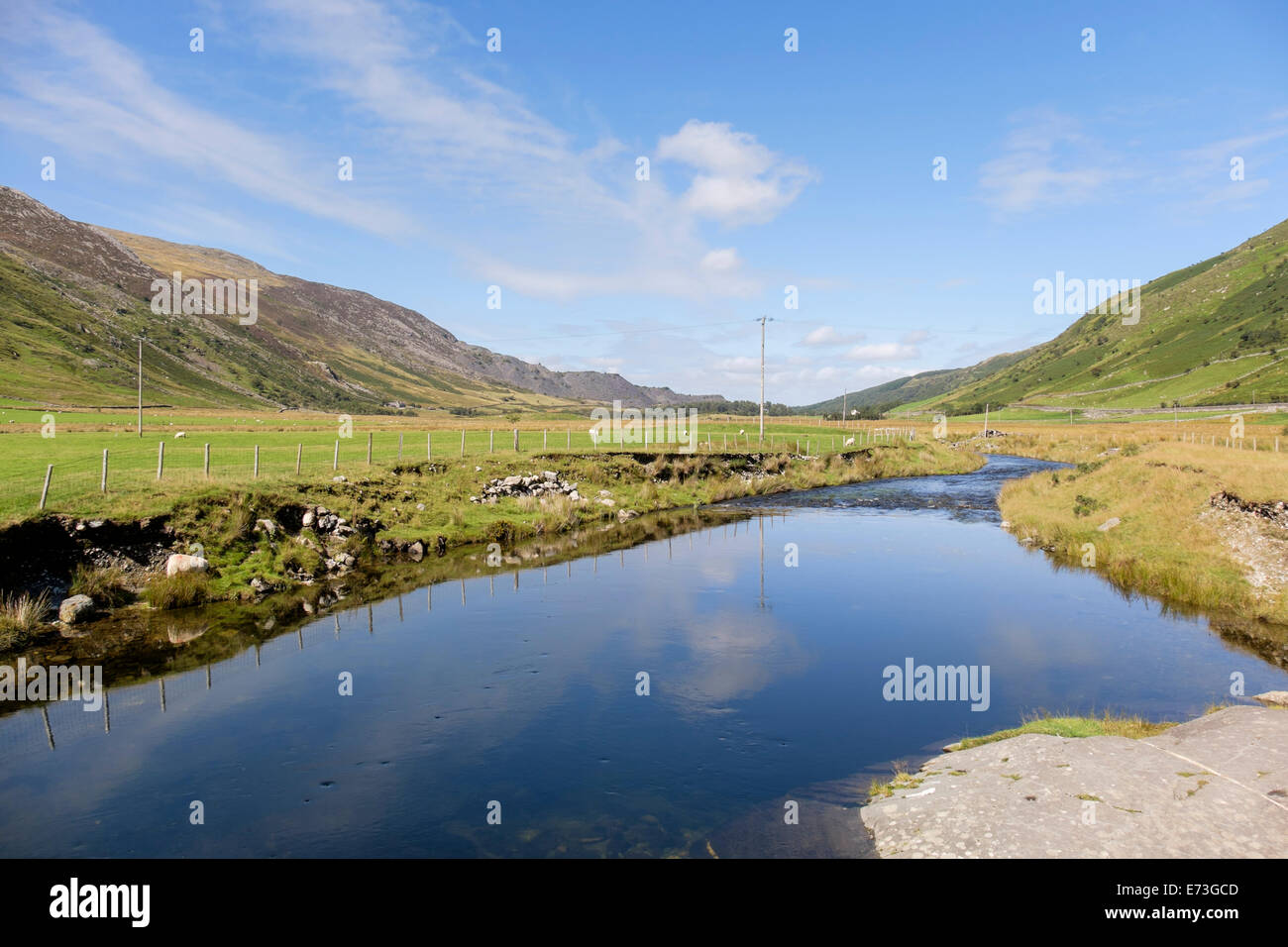 View north along Afon Ogwen River in Nant Ffrancon valley in Snowdonia ...