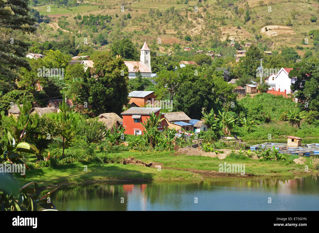 Madagascar, Ampefy, old church seen from Lake Kavitaha Stock Photo - Alamy
