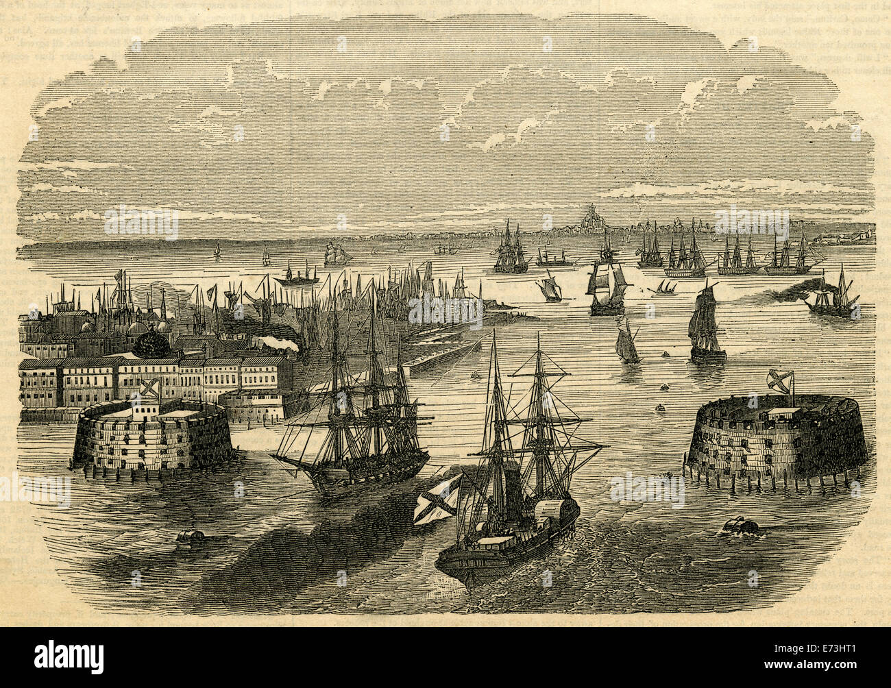 Antique 1854 engraving, View of the Port of Kronstadt, Russia Stock ...