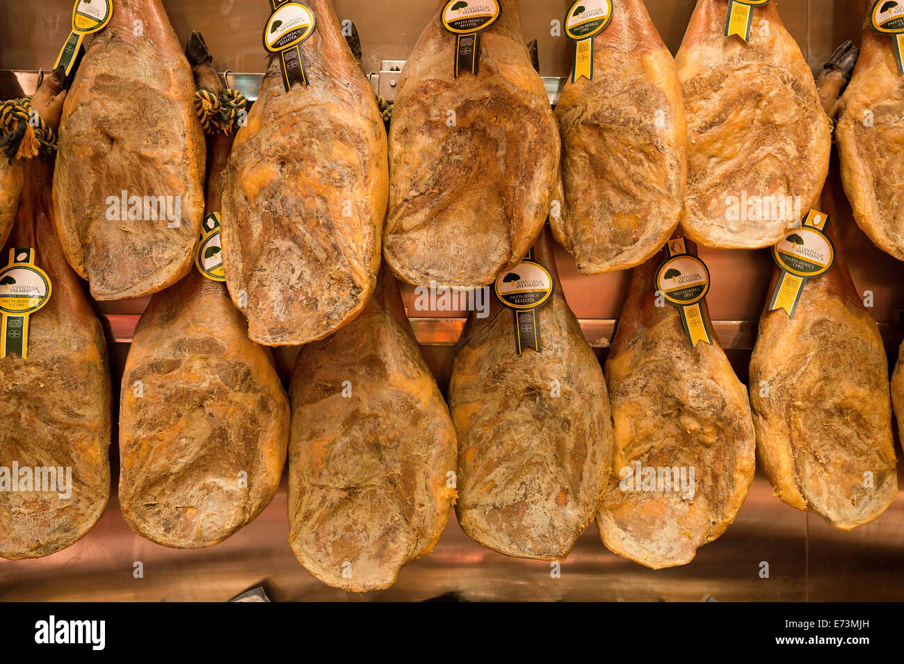 Spain, Madrid, Display of jamon Stock Photo - Alamy