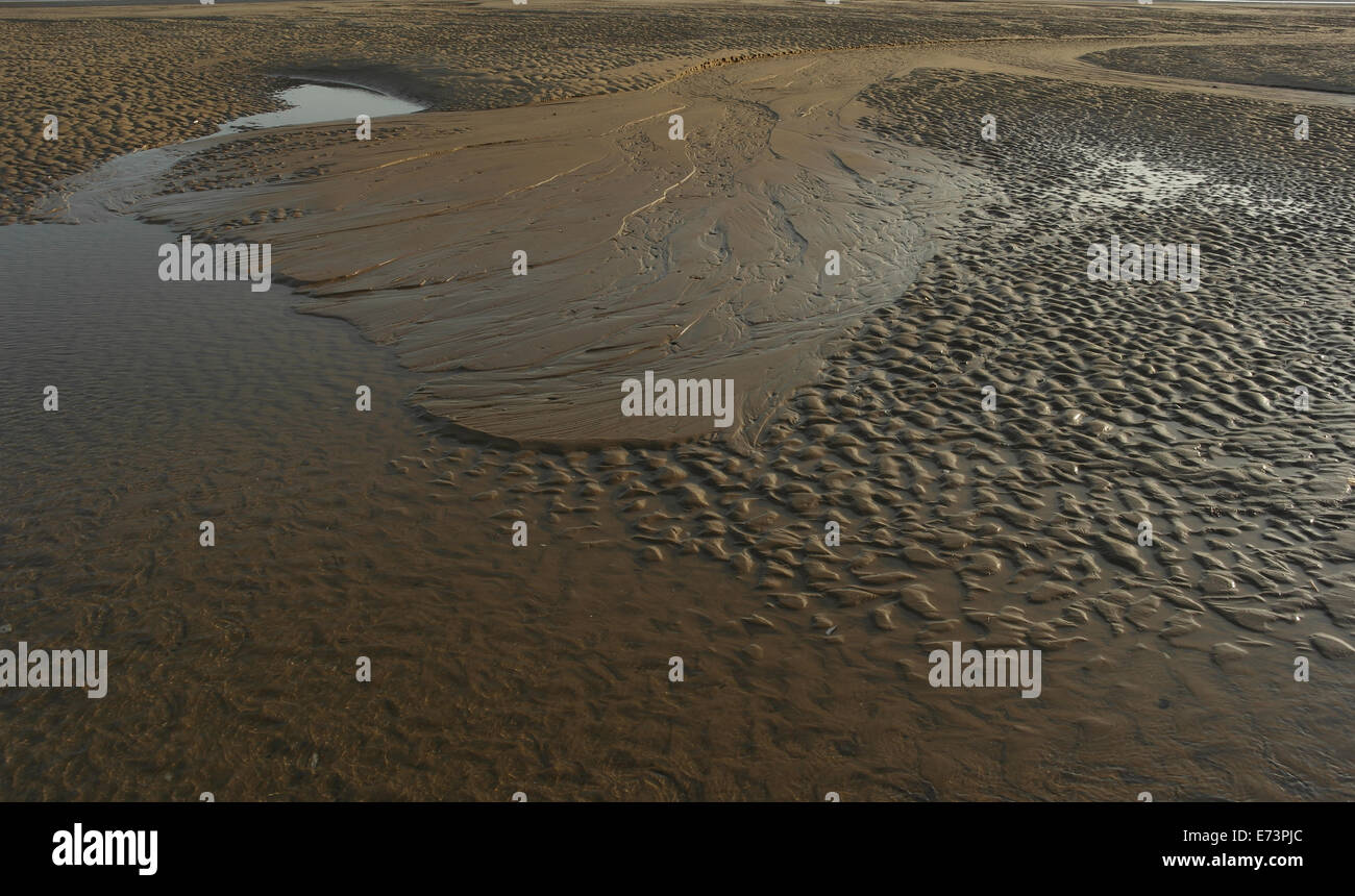 Wide braided stream channel entering shallow water pool, St Annes sand ...