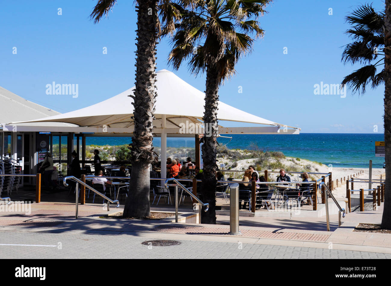 Grange Beach kiosk restaurant overlooking beach on sunny day in South ...