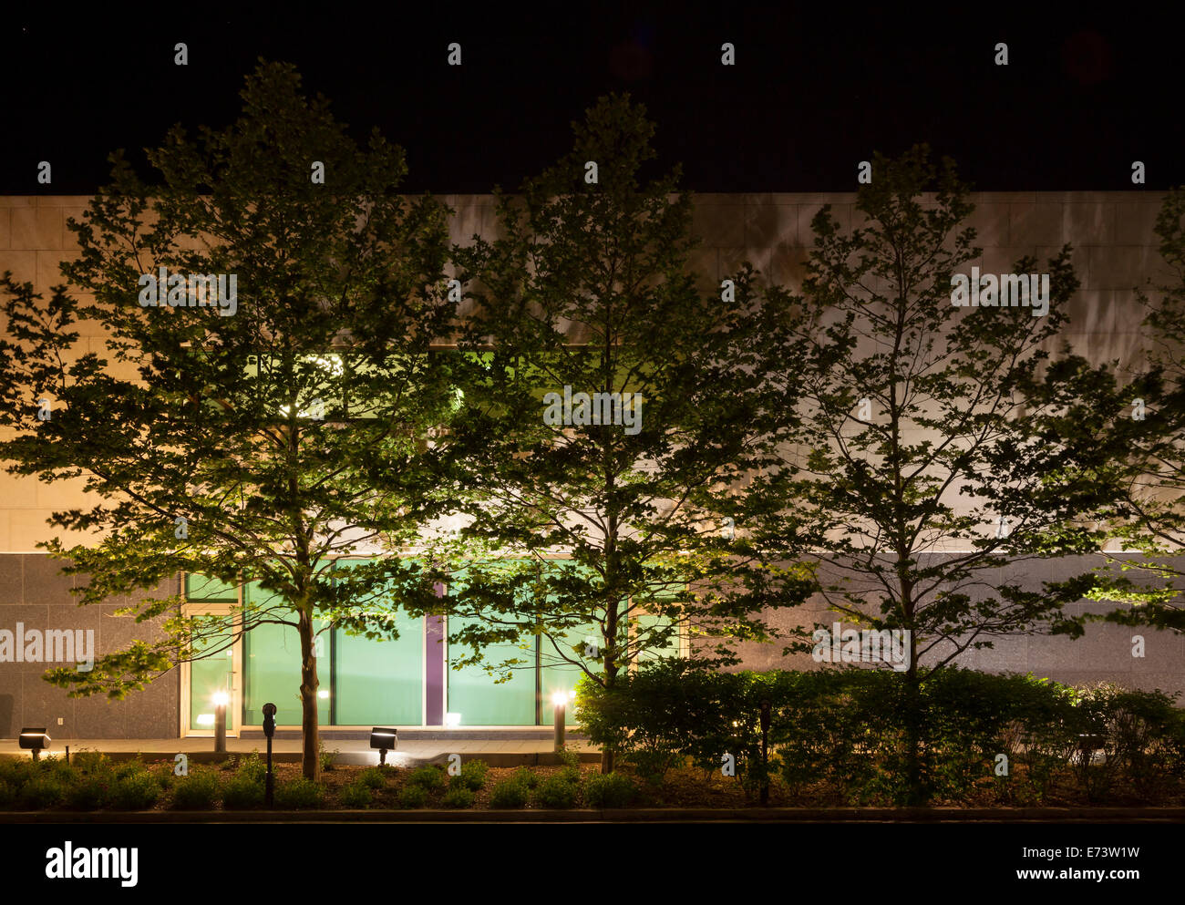 A detail shot at night of the Whitby Public Library in Whitby, Ontario ...