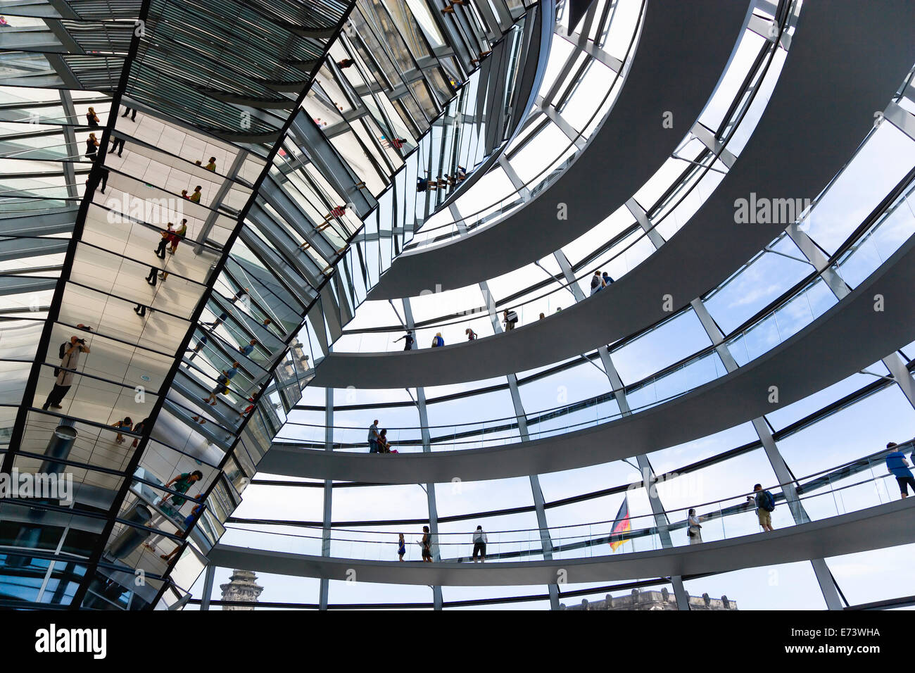 Germany, Berlin, Mitte, interior of glass dome with ramps and mirrors ...