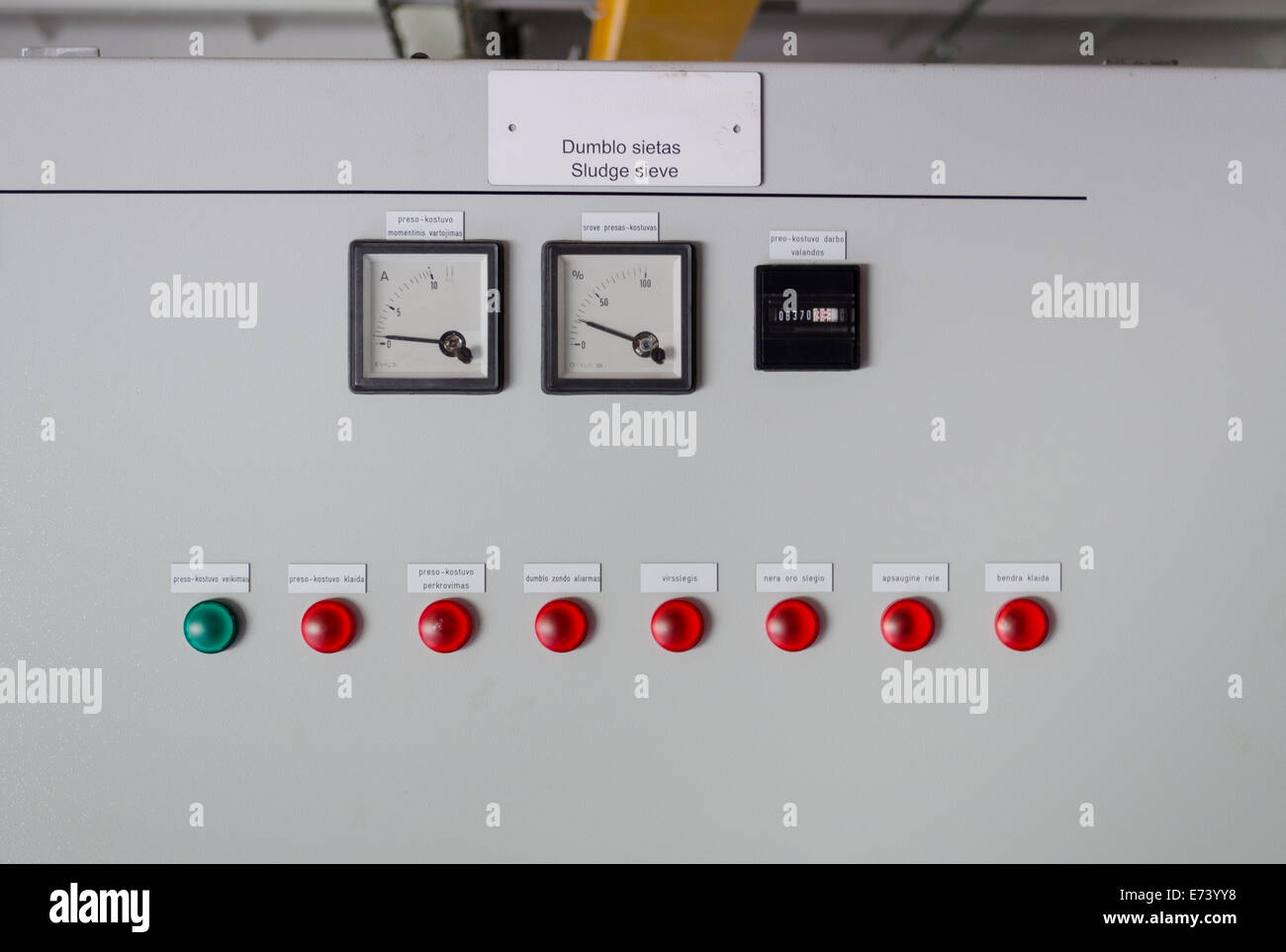 Sludge sieve control panel board with meters and red green lights in ...
