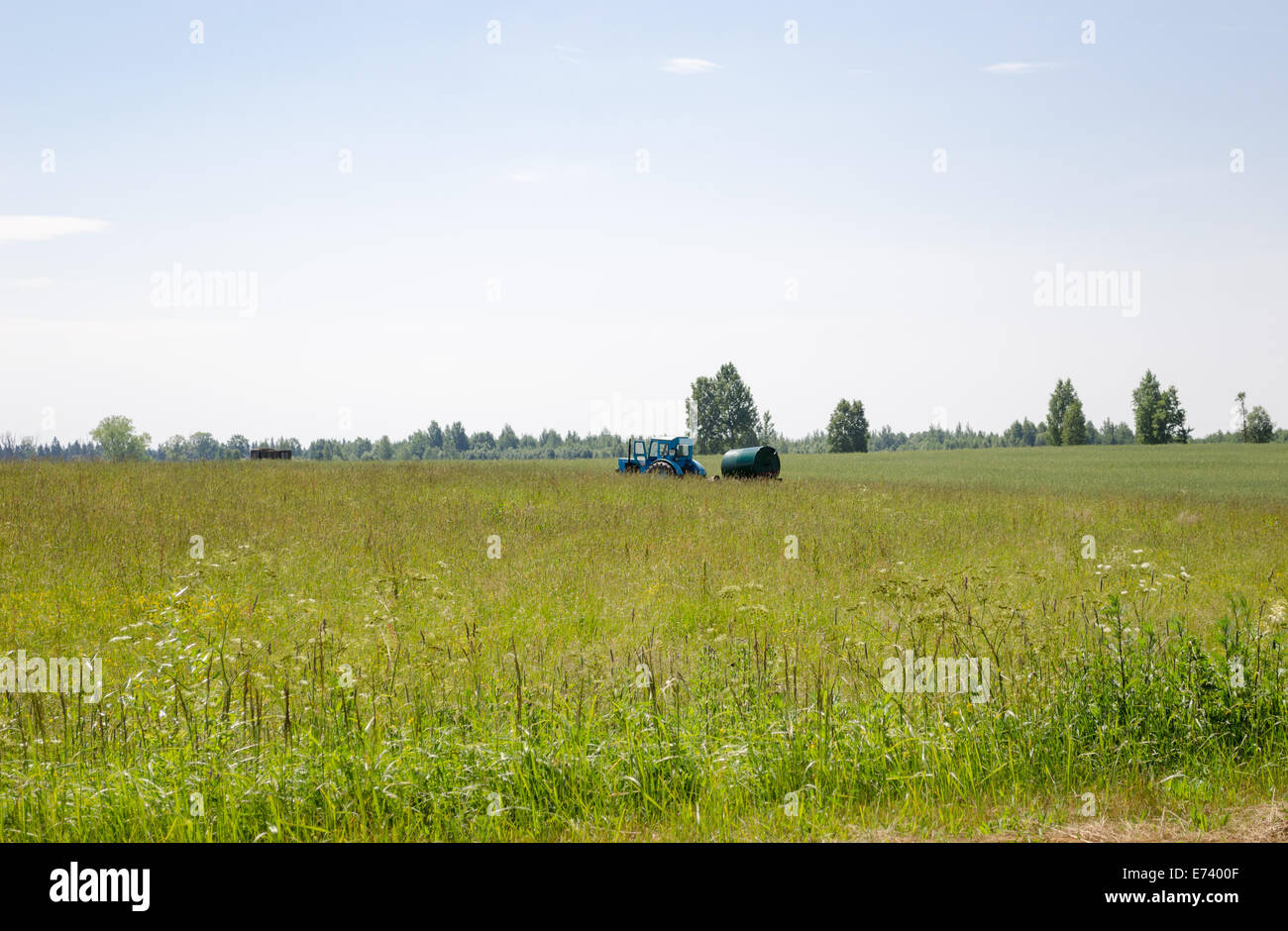 working tractor with water tank in high wide pasture meadow Stock Photo ...