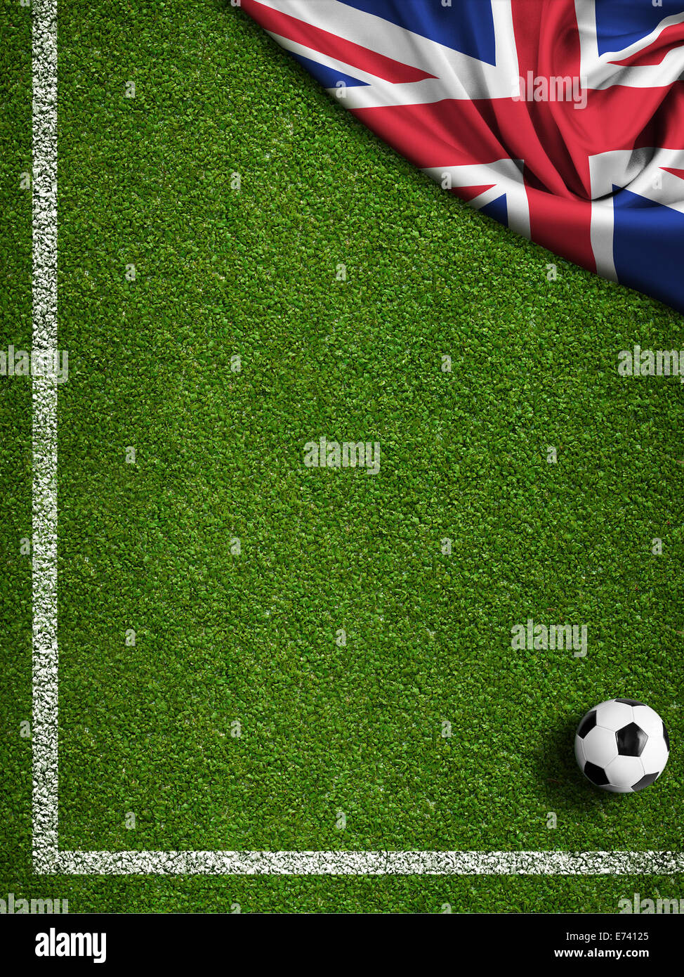 Soccer field with ball and flag of United Kingdom Stock Photo - Alamy