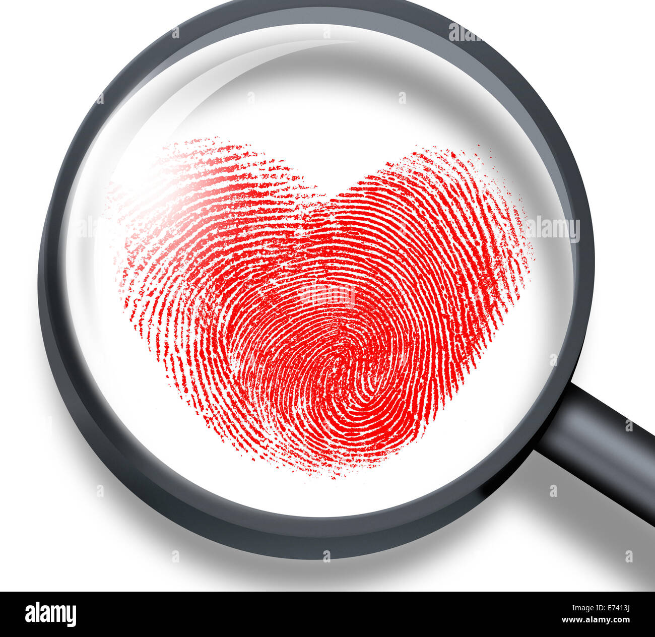 red fingerprint in heart shape through magnifying glass Stock Photo - Alamy