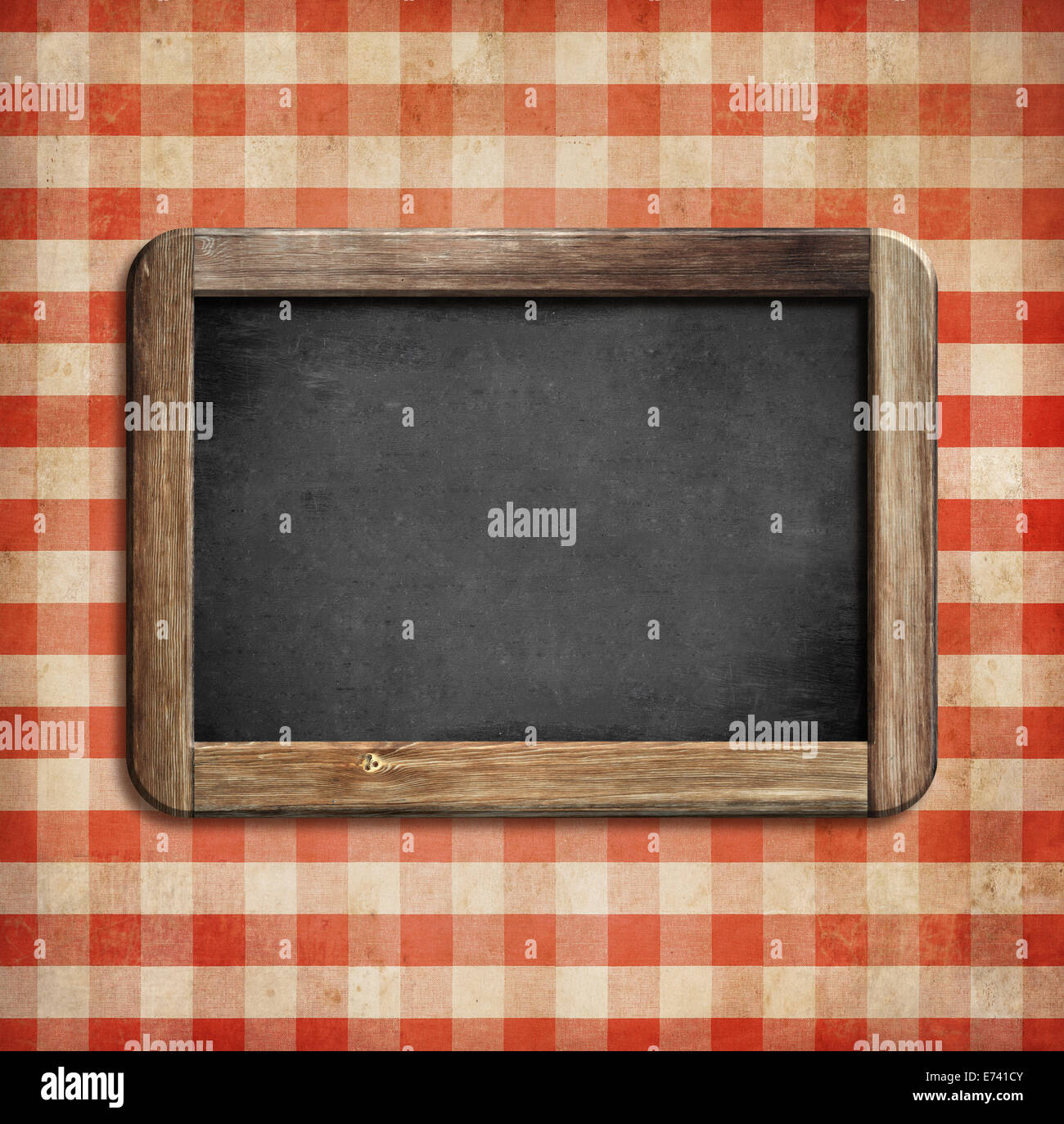 old chalkboard on picnic tablecloth Stock Photo - Alamy