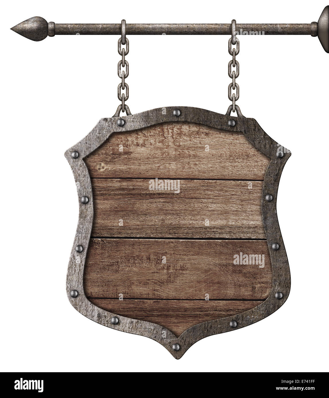 medieval wood sign or shield hanging on chains isolated on white Stock ...