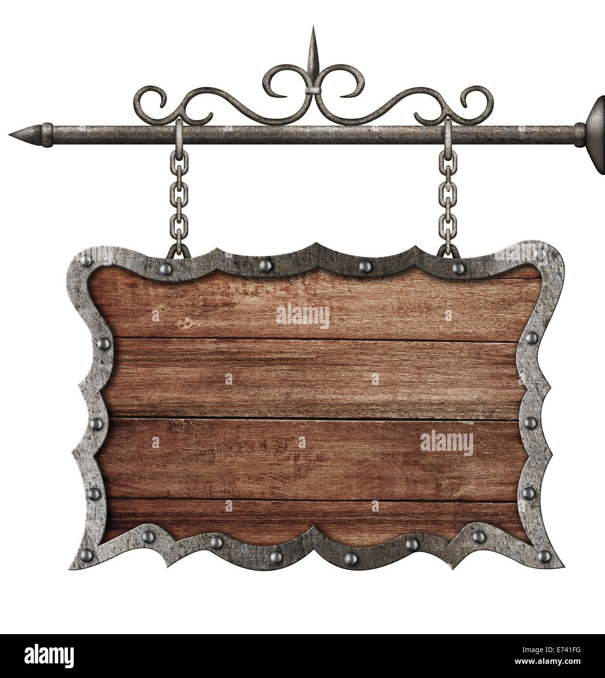 medieval wooden sign board hanging on chains isolated on white Stock ...