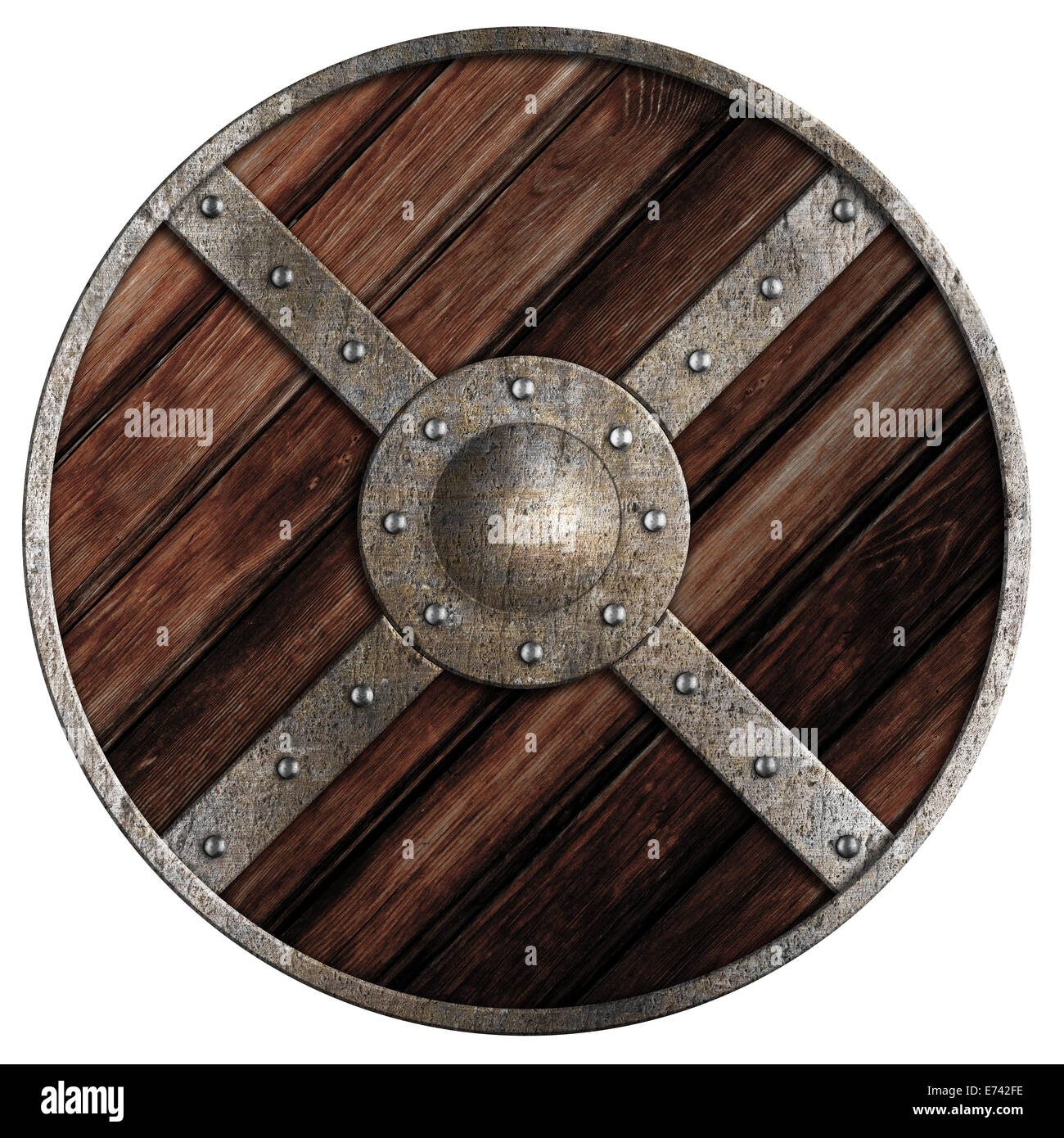 Medieval round wooden shield of vikings isolated on white Stock Photo ...