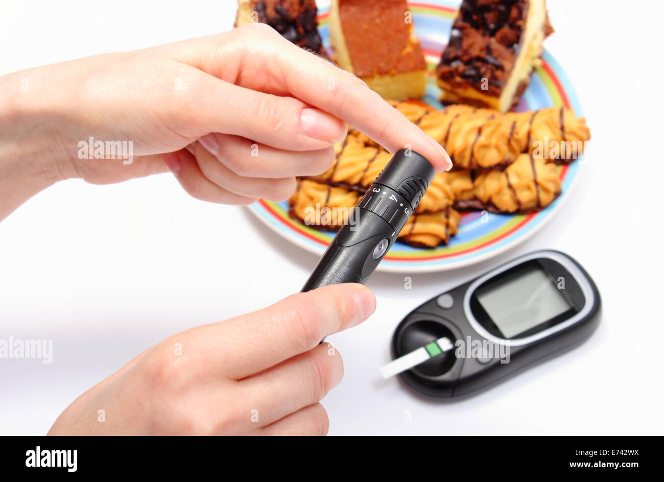 Woman doing test for determination level sugar, glucose meter and fresh ...