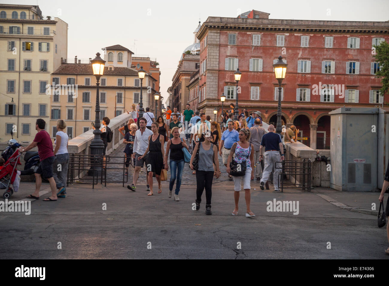 Rome, Italy. People walking on Ponte Sisto to go in Piazza Trilussa ...
