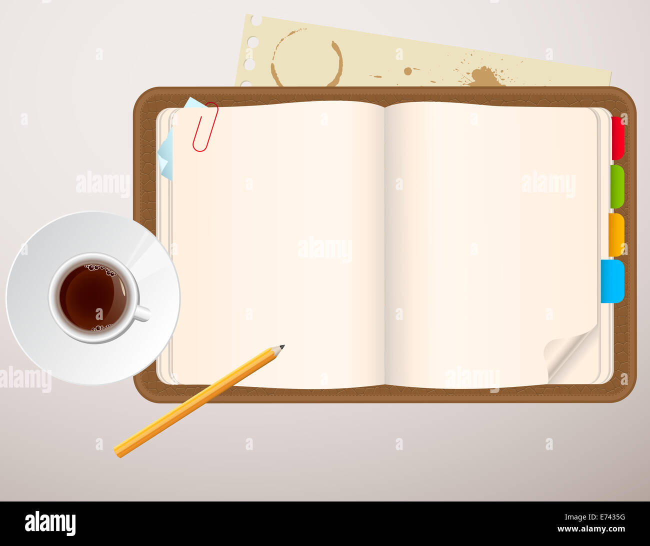background with notebook and a cup of coffee Stock Photo - Alamy