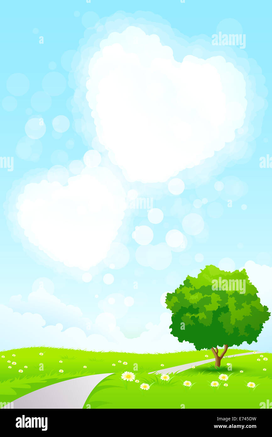 Green Landscape with Tree, Grass, Road and Heart Shape Clouds Stock ...