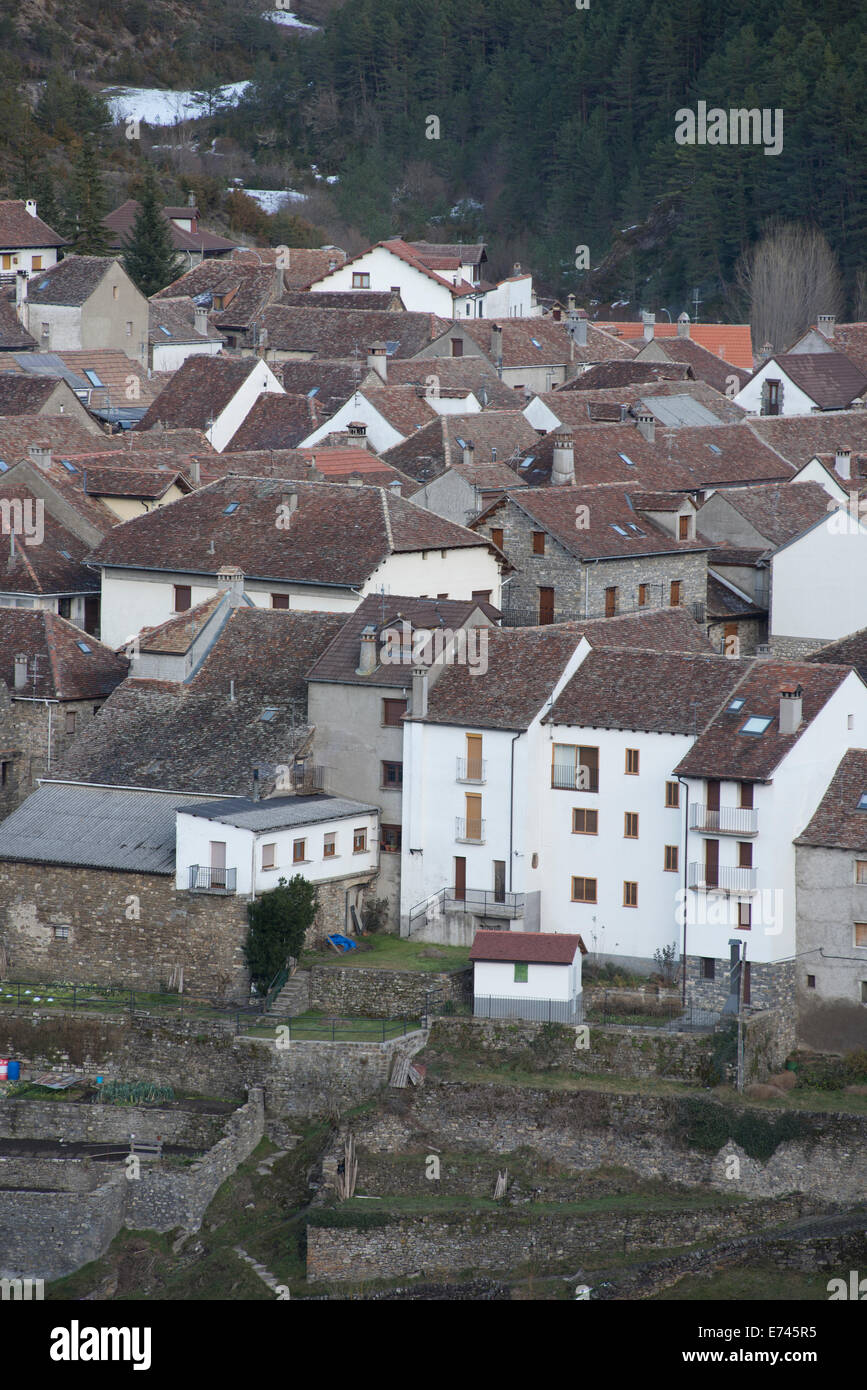 Aerial panoramic views of Pyrenees village called Anso. Huesca Pyrenees ...