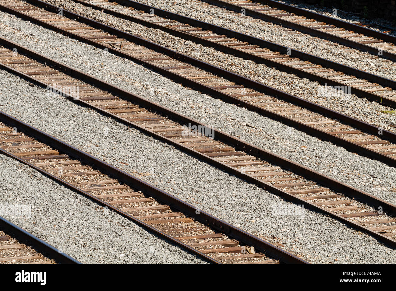 Rows and rows of empty railroad train tracks in a railroad switching ...