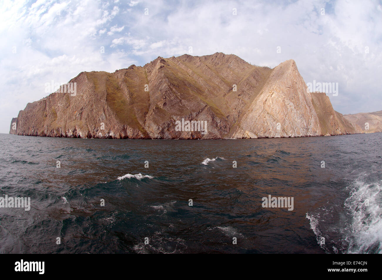 Triangular rock of white marble, Cape Orso, lake Baikal, Siberia ...