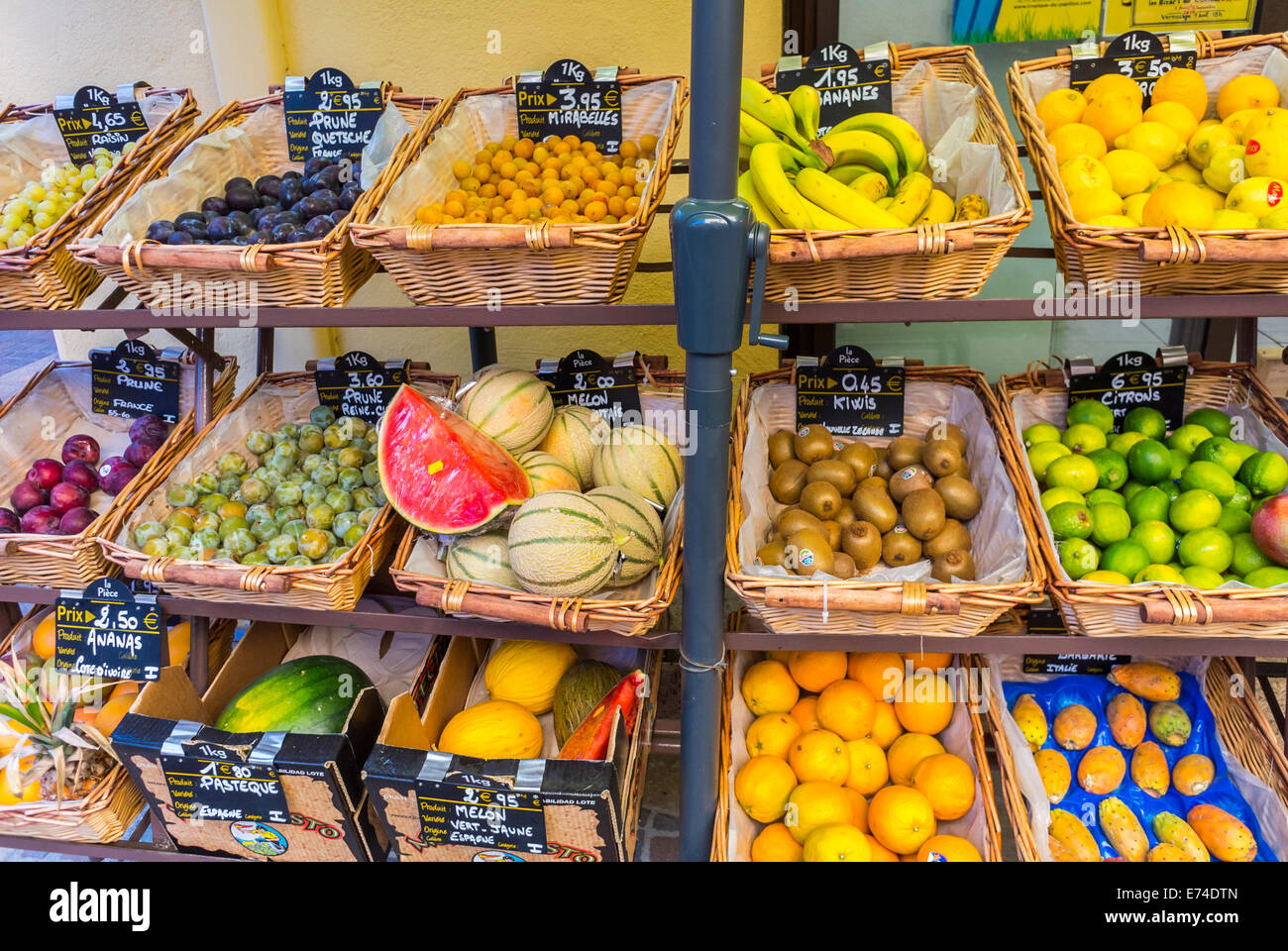 Collioure, France, Close up, French neighborhood grocery store Display ...