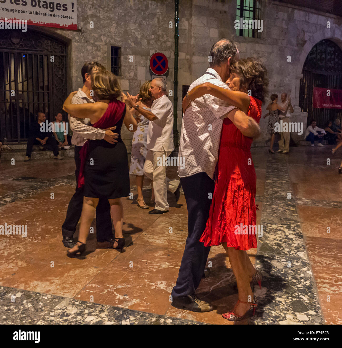 Perpignan, France, Couples dancing Tango on Town Square on Summer Night ...