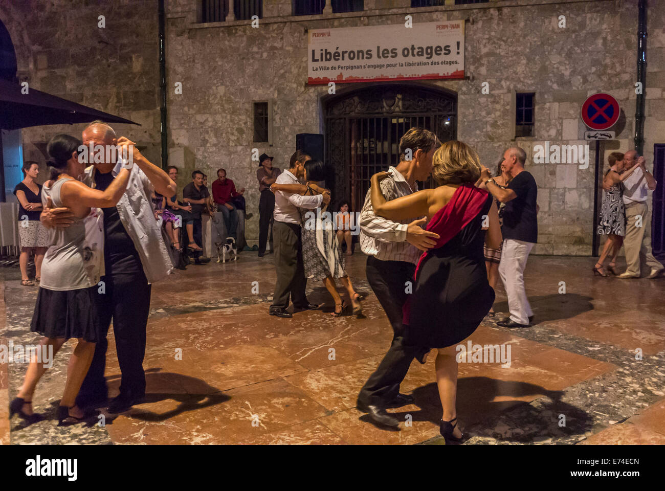 Perpignan, France, Crowd, on Street French Senior Couples dancing Tango ...