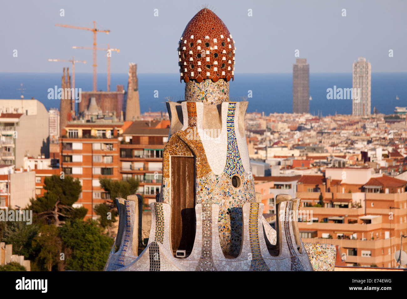 Top of the Casa del Guarda by Antoni Gaudi in Park Guell against ...