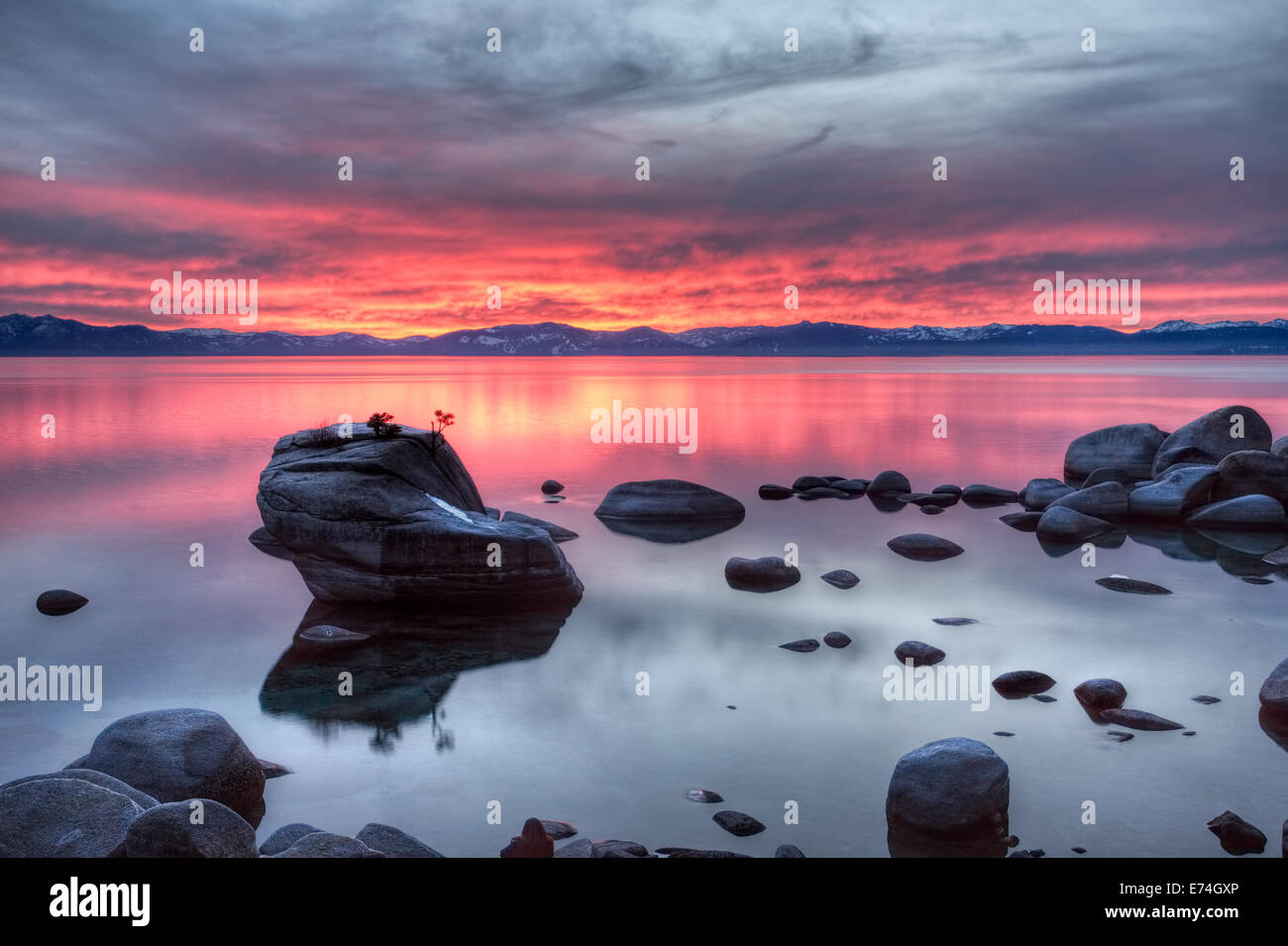Sunset over Bonsai Rock on Lake Tahoe California Stock Photo - Alamy