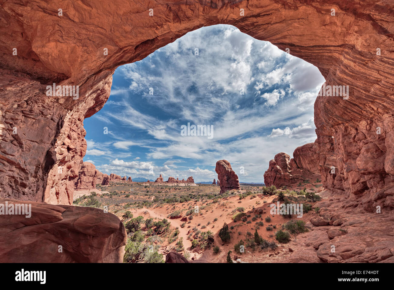 View from inside Double Arch in Arches National Park Utah Stock Photo ...