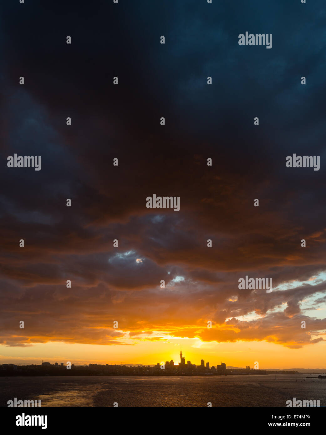 Spectacular Sunset over Auckland New Zealand as cruise ship leaves port ...