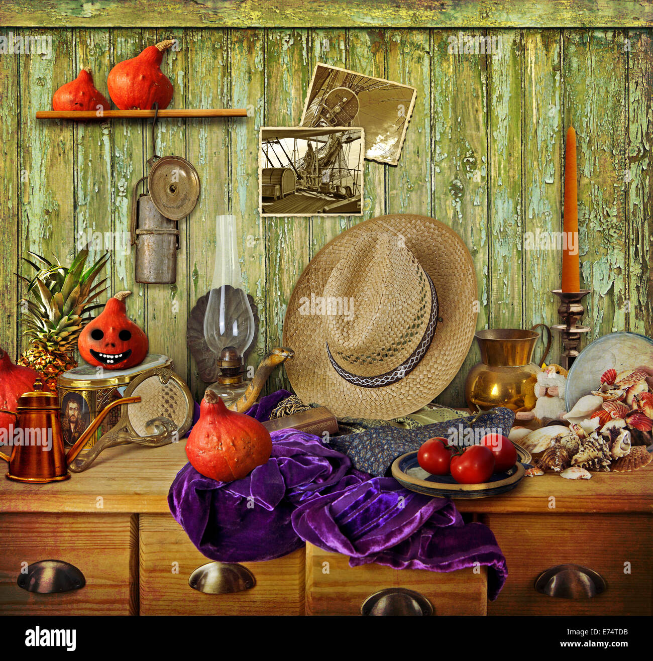 Mishmash of different paraphernalia, personal objects, gadgets, vintage ...