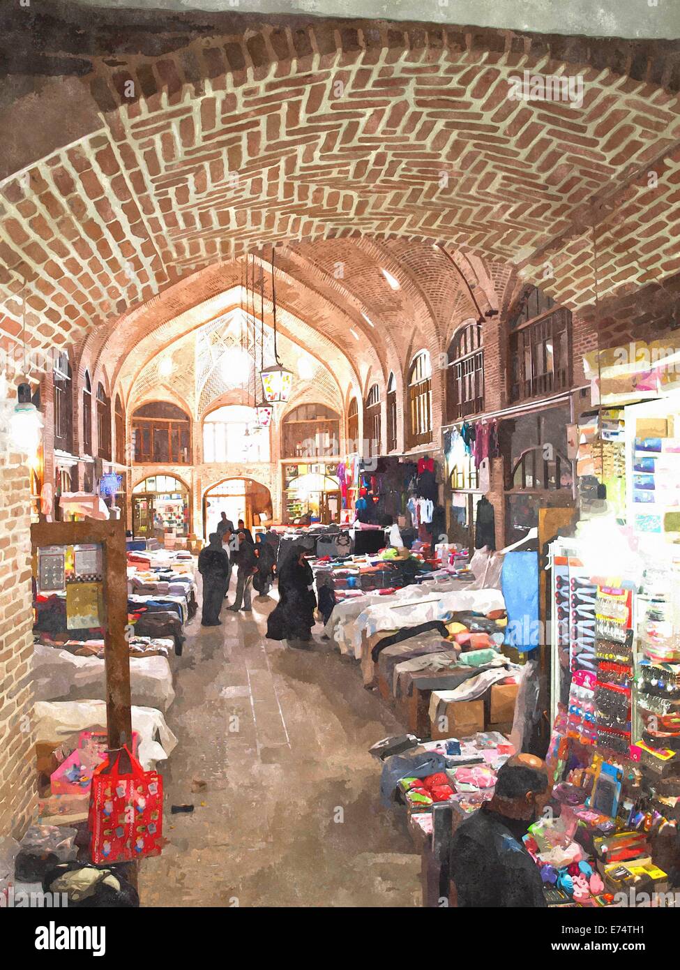 Watercolor of TABRIZ, IRAN - May 2: Interior of Tabriz bazaar on May 2 ...
